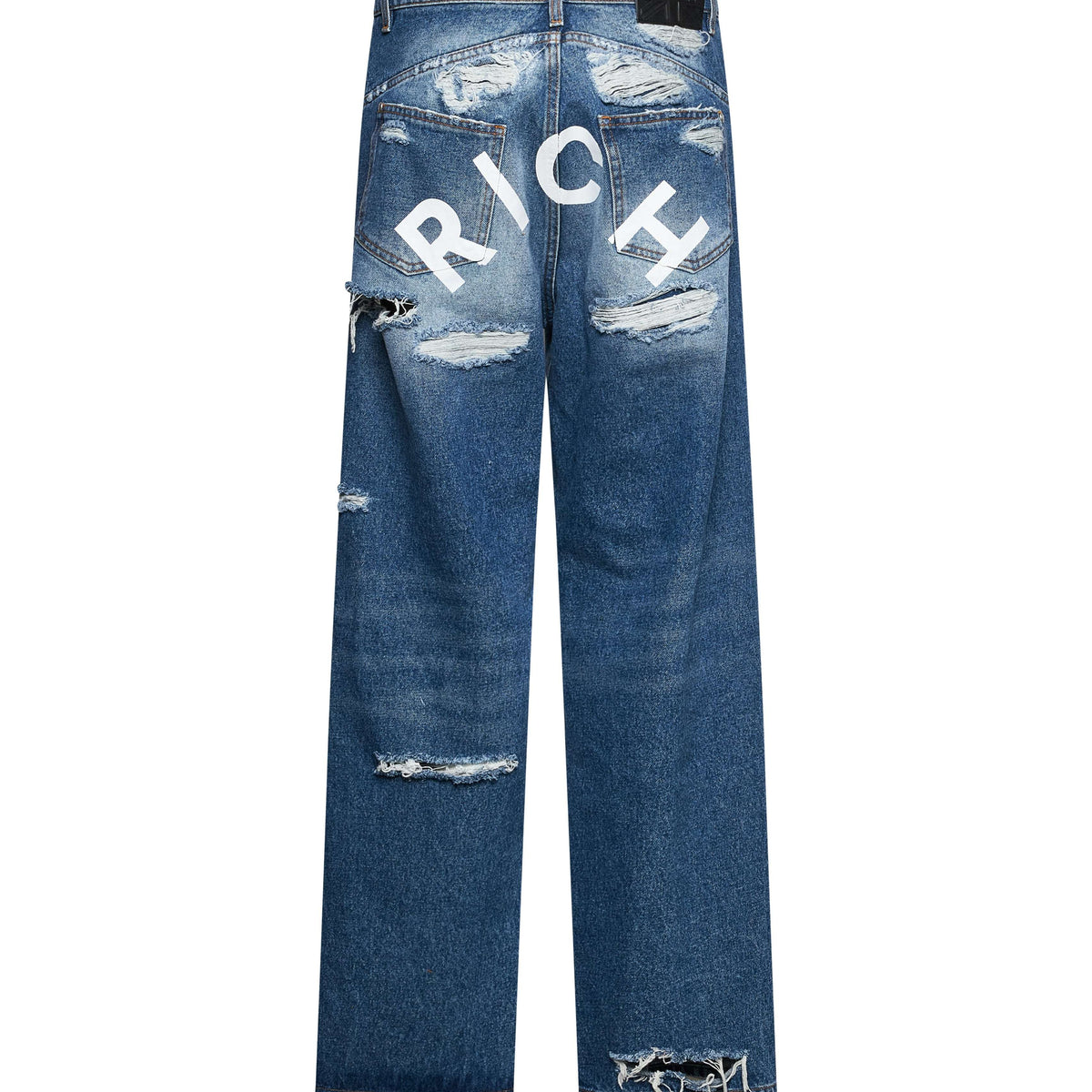Iconic jeans with “RICH” lettering on the back and destroyed details ...